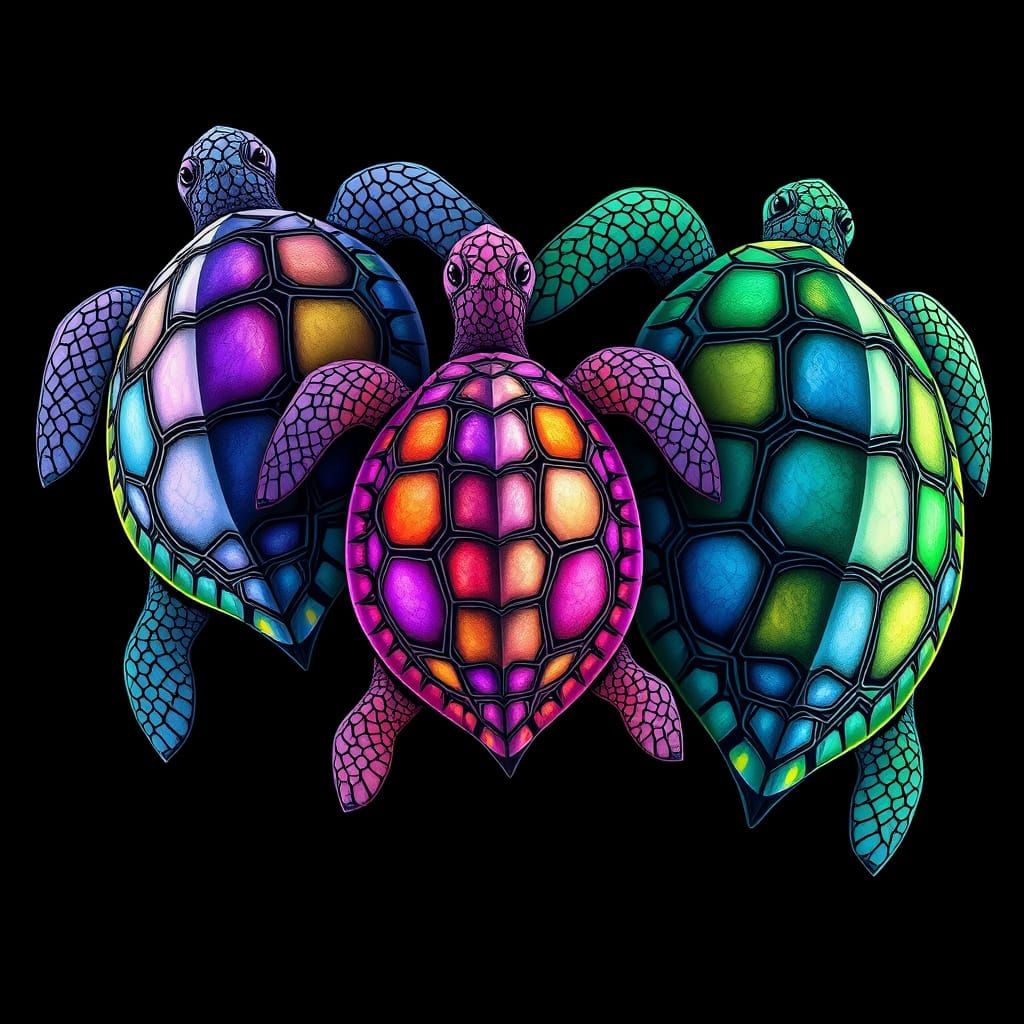 Vibrant Stained Glass Tortoises Shine on Dark Canv... - AI Art