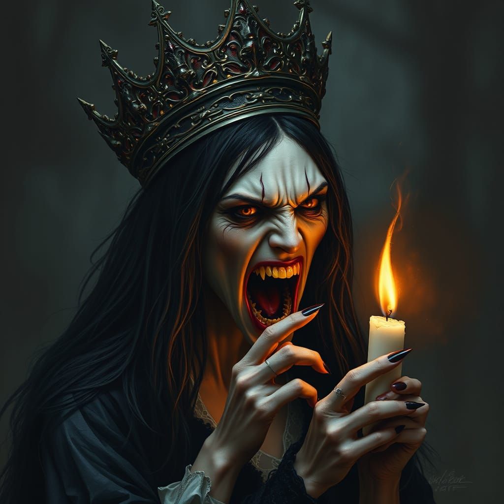 Gothic Vampire Queen Screams in Rage, Holding Flic... - AI Art