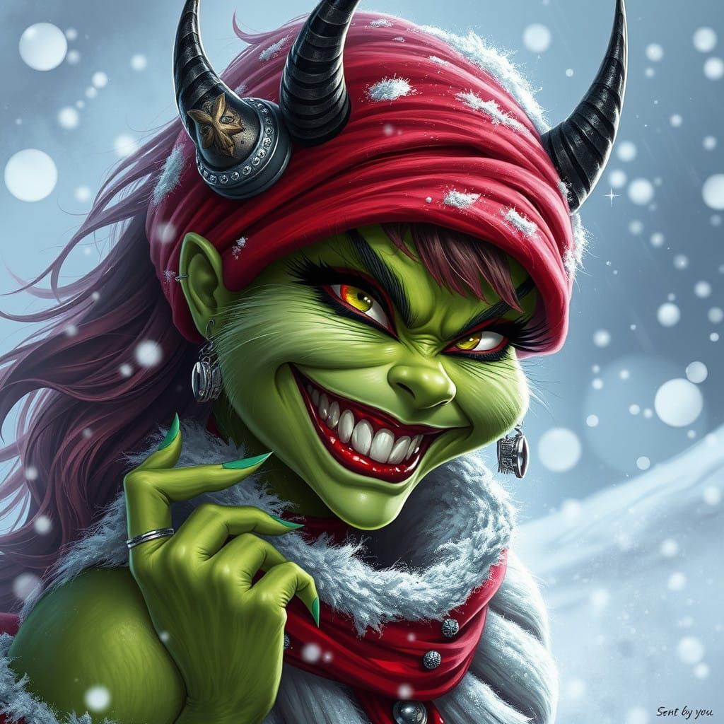 Cyberpunk Grinch Goddess in Snowy Skies - AI Art