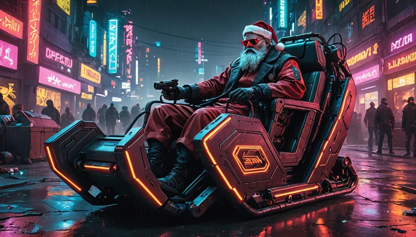Cyberpunk Santa Sails the Neon Skies in His Roboti... - AI Art