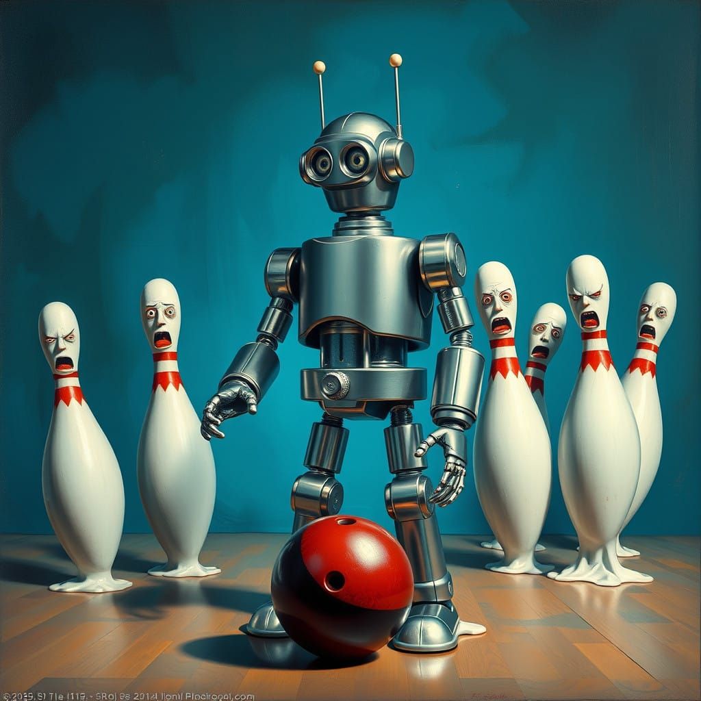 Bowling Robot - Retro-Futuristic Bowling Robot in Dreamlike...
