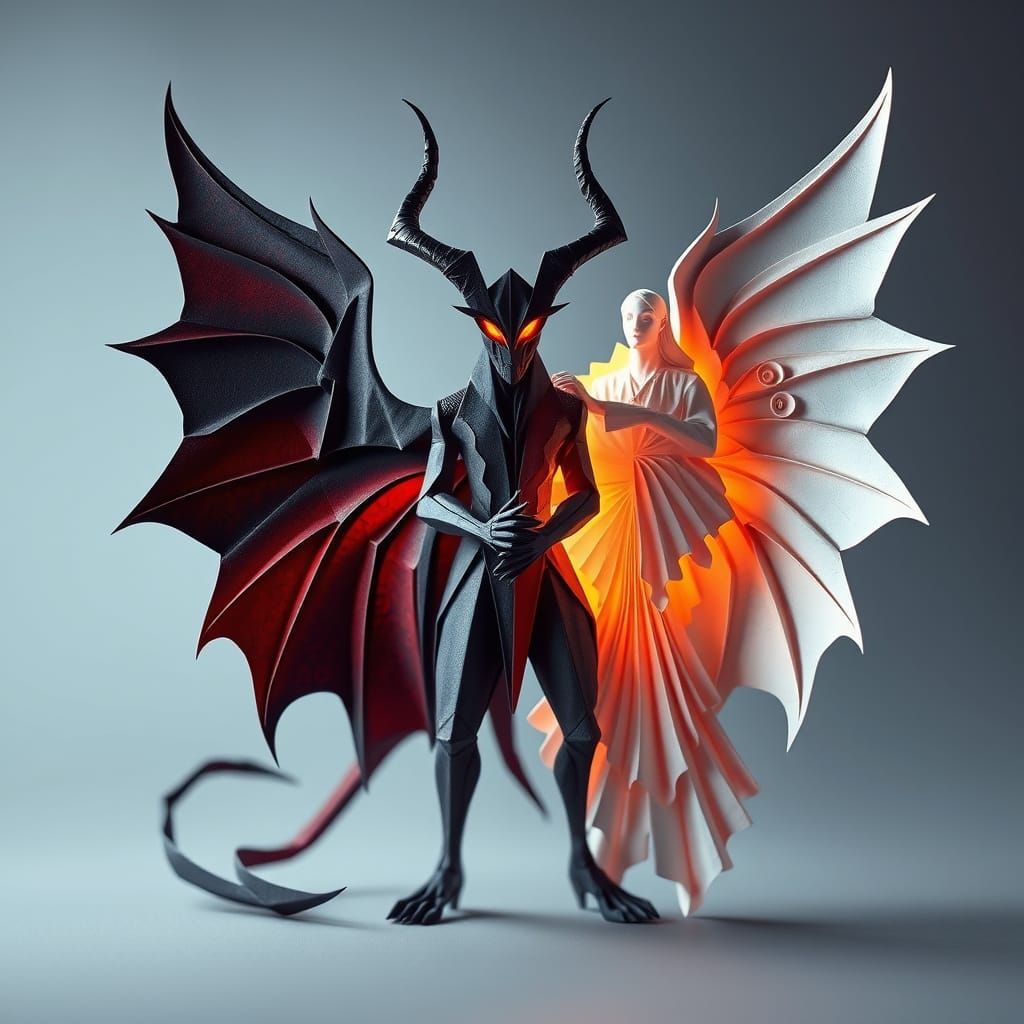 Majestic Papercraft Angel and Devil Duet in Soft F... - AI Art