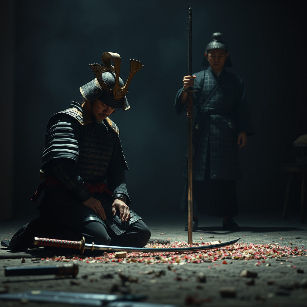 Defeated! - Resolute Samurai in Traditional Armor, Ready for...