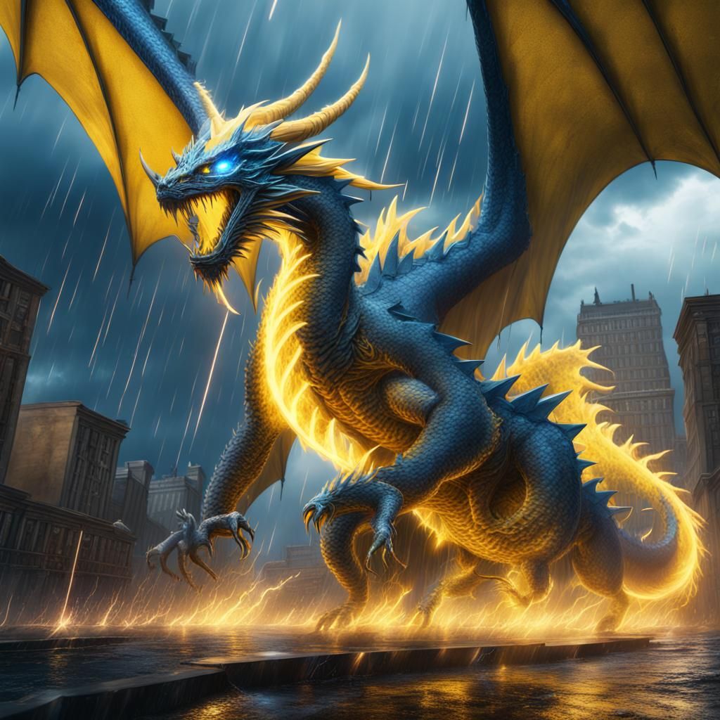 Lightning Elemental Dragon in City Thunderstorm - AI Art