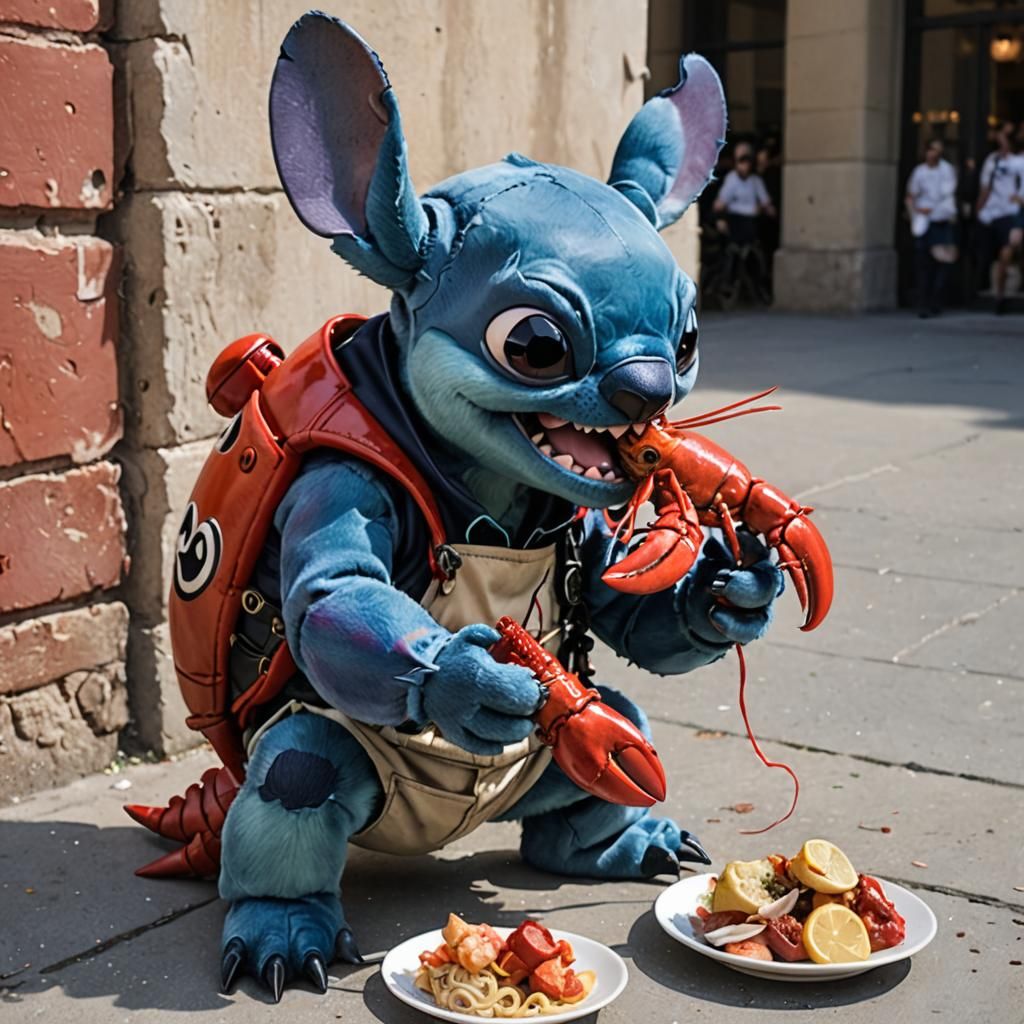 Stitch eating a fascist lobster - AI Generated Artwork - NightCafe Creator