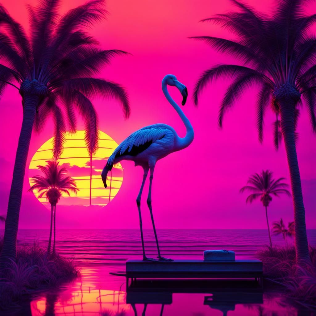 Neon electric blacklight vaporwave, flamingo, palm trees, sunset - AI ...