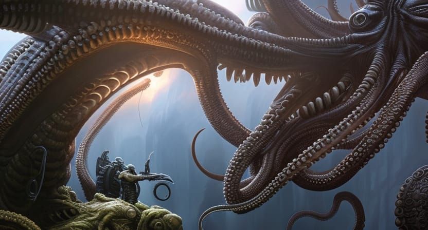 high detail book illustration of octopus alien giant monster in the ...
