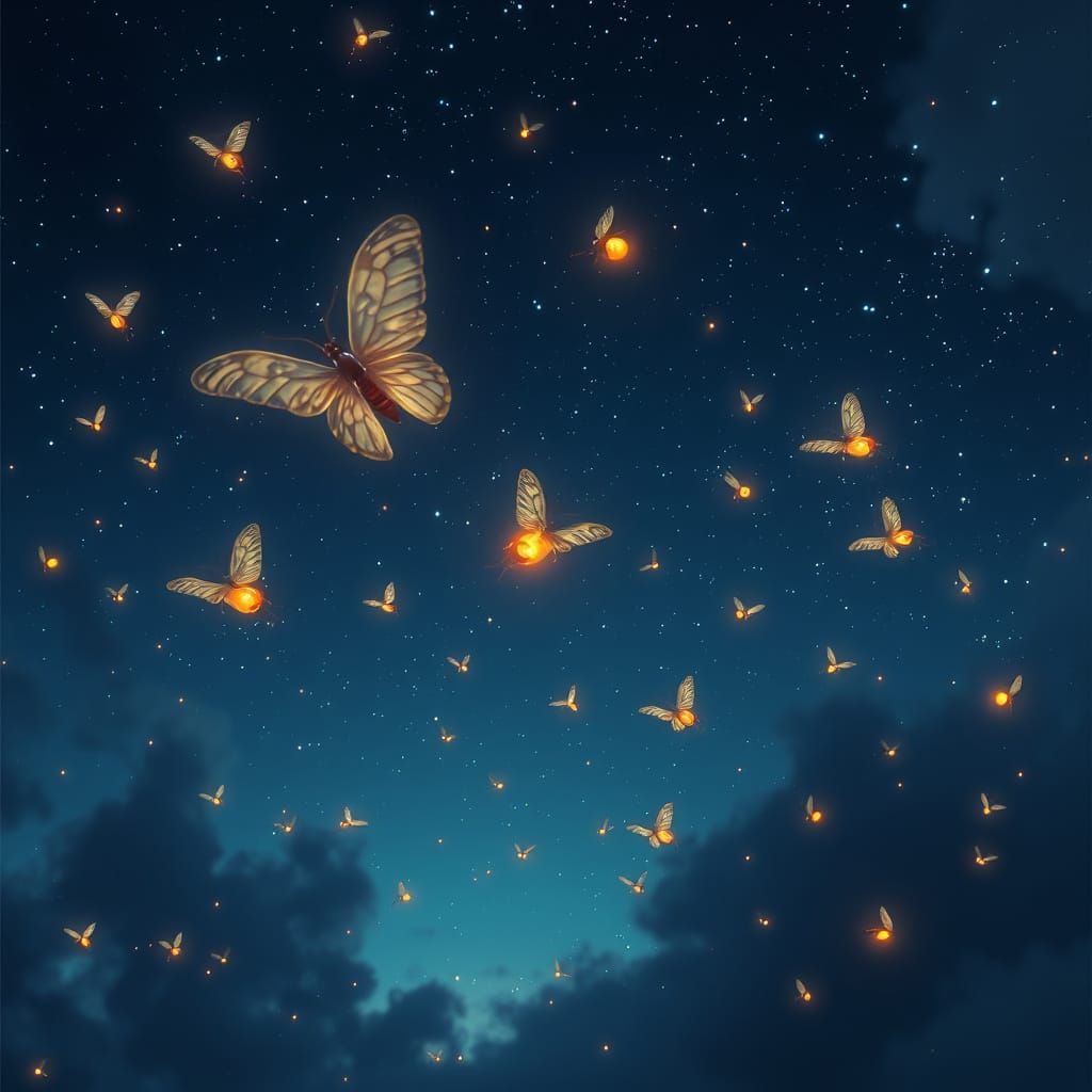 Iridescent Fireflies Dance Under Celestial Wonders - AI Art