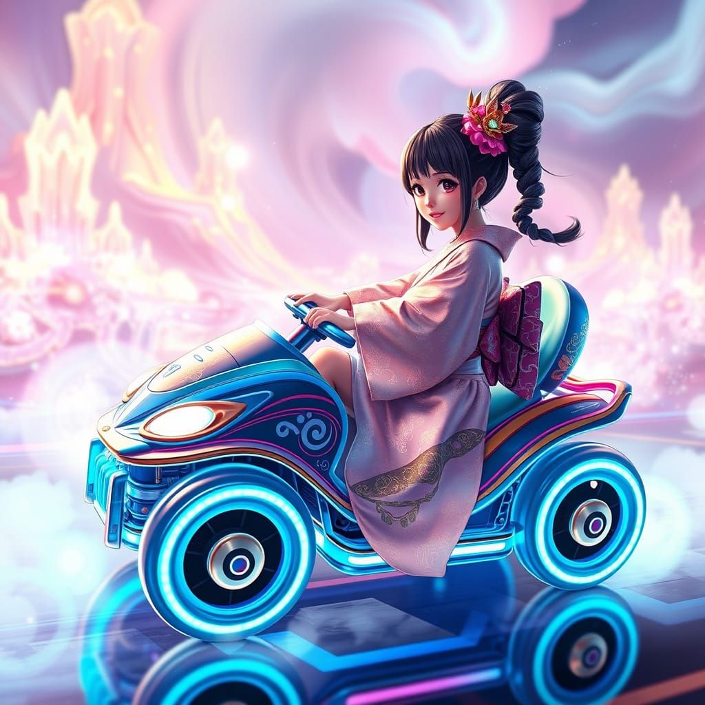Anime-Inspired Girl Commands Neon-Lit Dodgem Car A... - AI Art