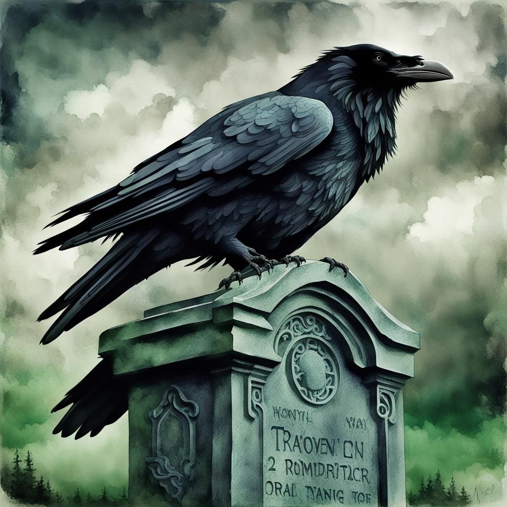 Create a haunting image of a raven perched solemnly on an intricately ...