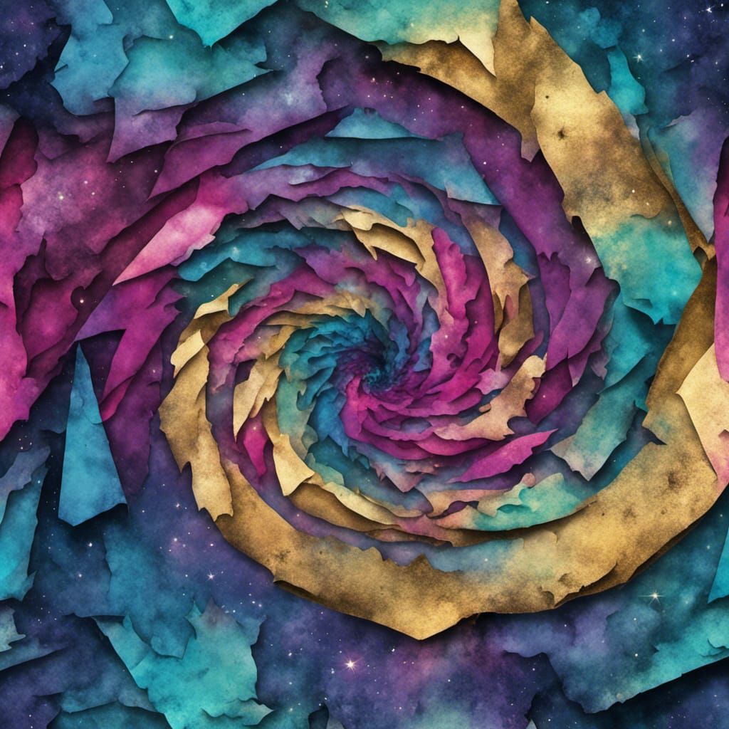 Realistic 3D Spiral Star Nebula, Layered Torn Paper Collage, Dark Ink ...