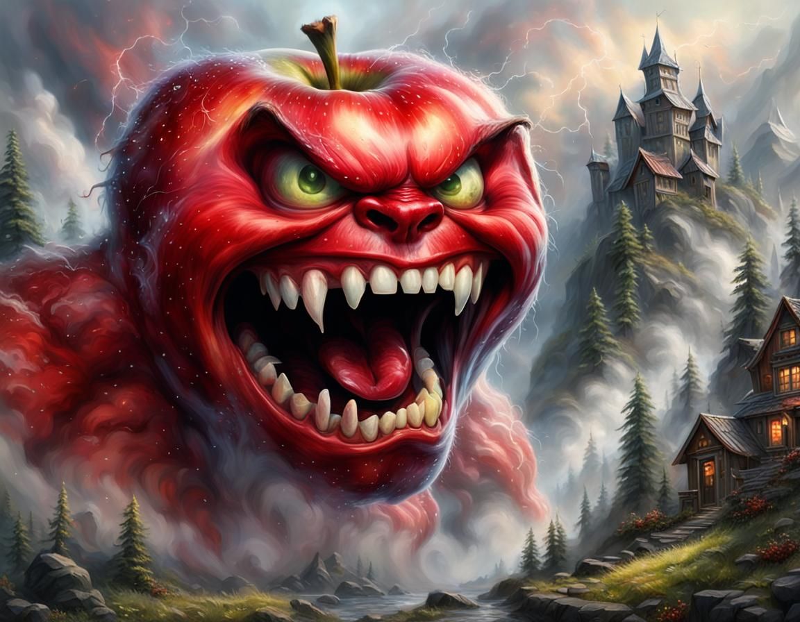 Evil, very angry red humanuid apple with wild teeth, fidgeting wildly ...