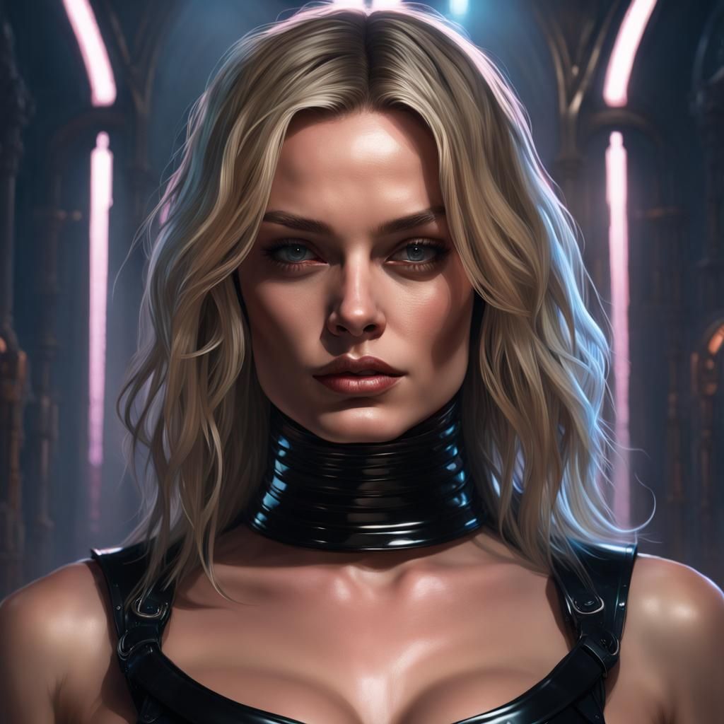 Margot Robbie with long hair wearing a shiny black sci fi latex crop top with choker in a ...