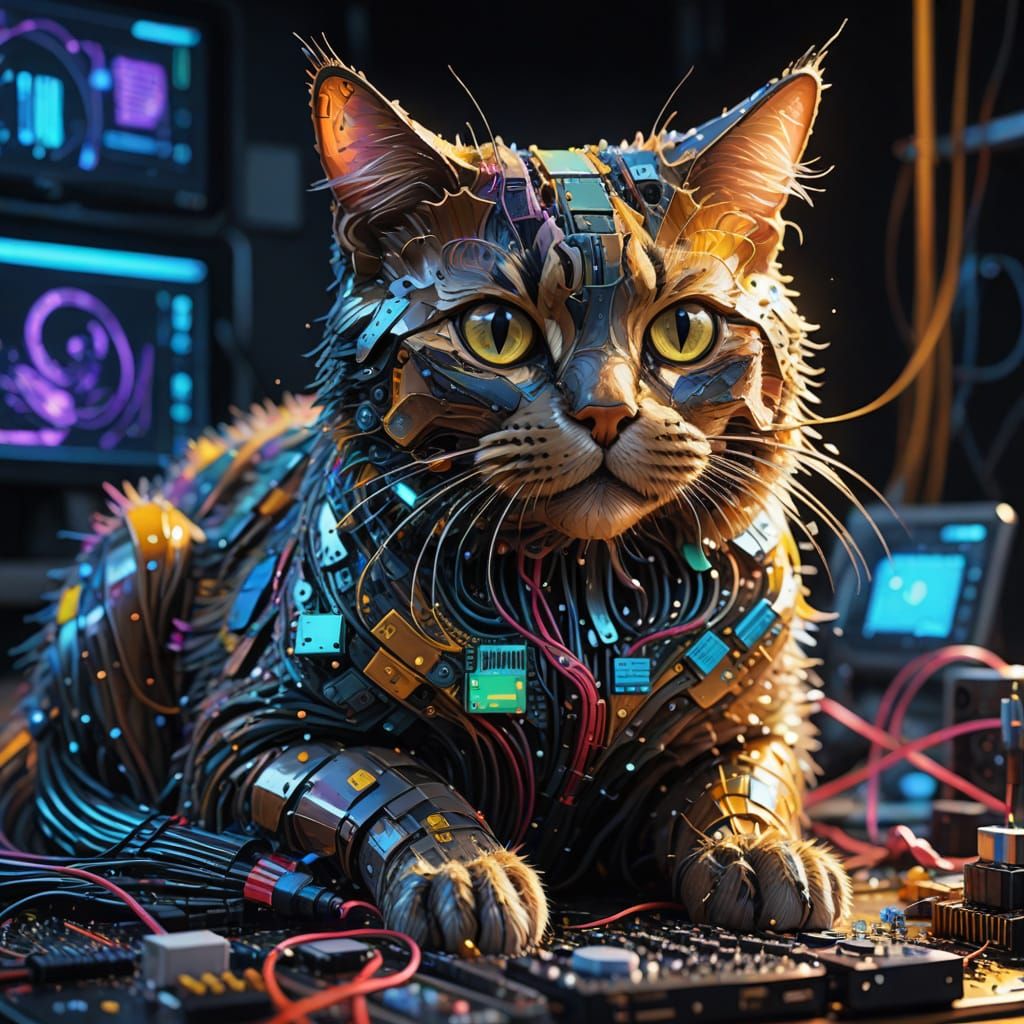 Cybernetic Cat Portrait in Oil Painting Style - AI Art