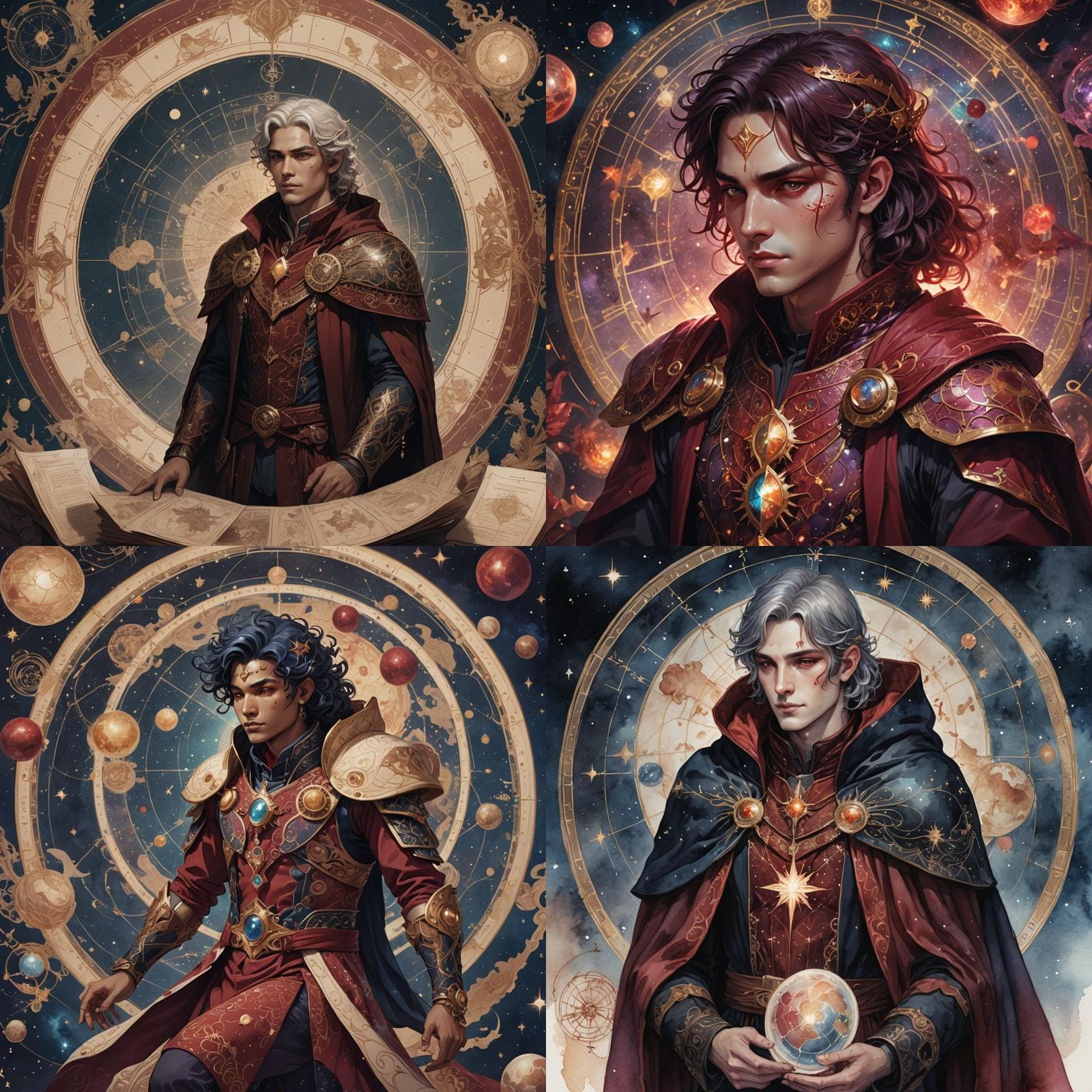 Celestial Astrologer in Dark Red Attire - AI Art