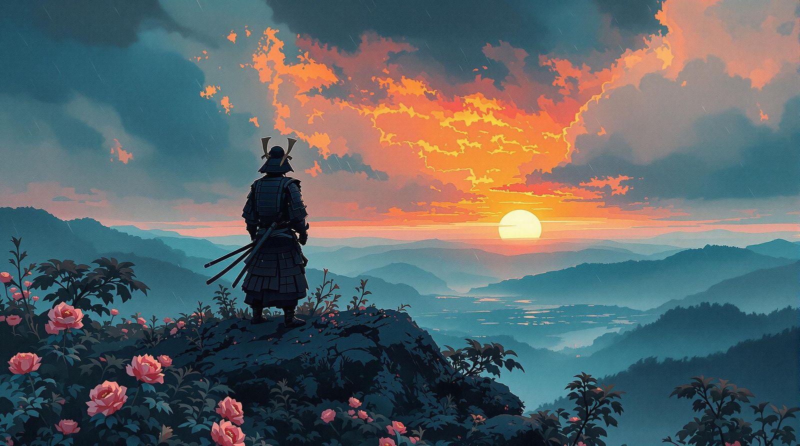 Samurai watching the horizon - Samurai in Mystical Watercolo...