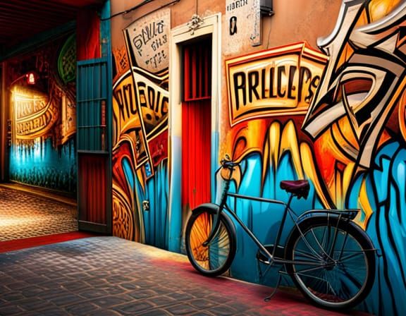 bicycle in a bright alley, leaning street sign, graffiti tags on the ...
