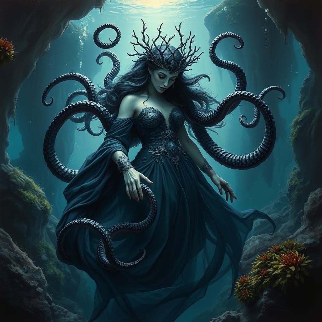 A hyper-realistic, classical oil painting of Ursula, reimagined as a ...