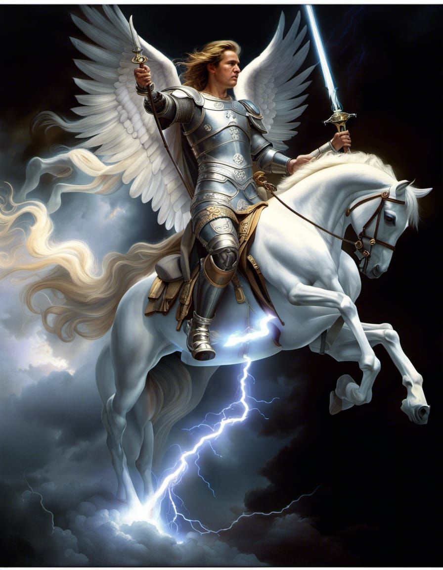 Val Kilmer archangel, riding a Friesian war horse, by William-Adolphe ...