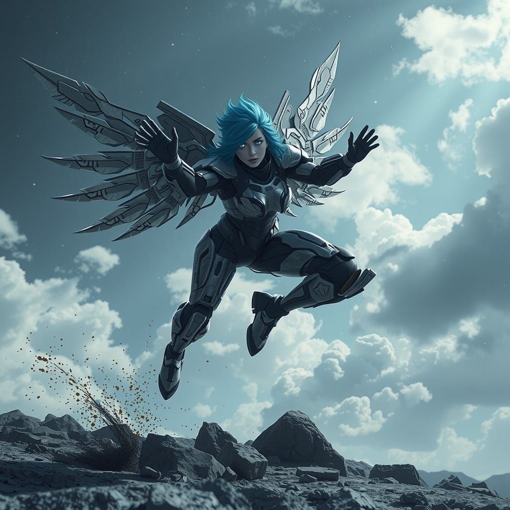 dynamic scene of a female(cyborg Valkyrie:1.3) ,blue hair, white ...