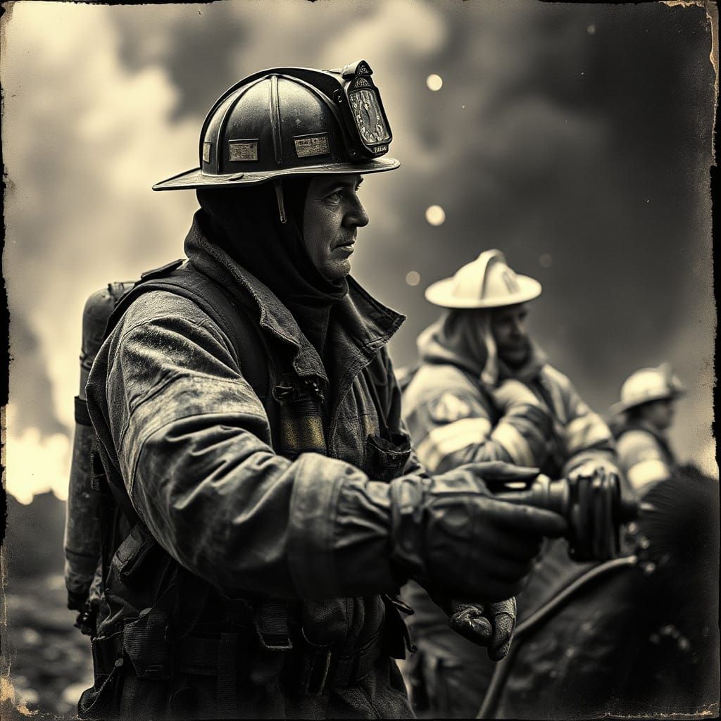 Vintage Firefighter Battling Inferno in Gritty Bla... - AI Art