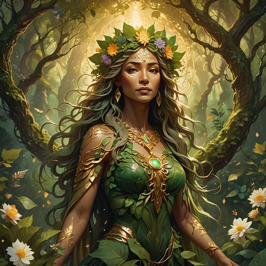 Gaia - Mother Gaia Goddess Stands in a Lush Fantasy Forest