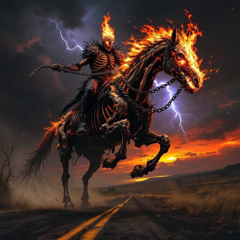 Skeletal Horse Rider in Dark, Abandoned Landscape ... - AI Art