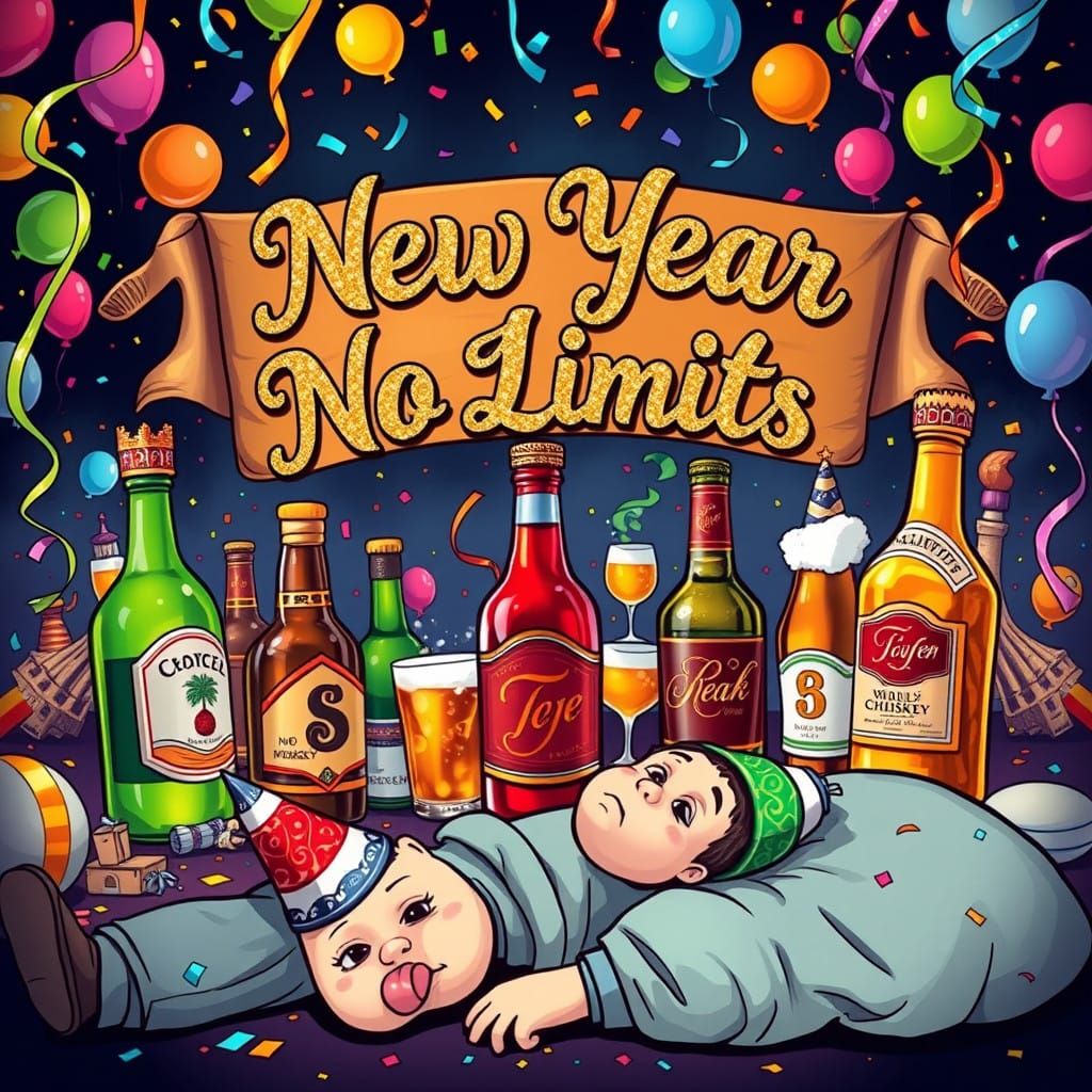 Whimsical Party Bottles Celebrate New Year's Eve i... - AI Art