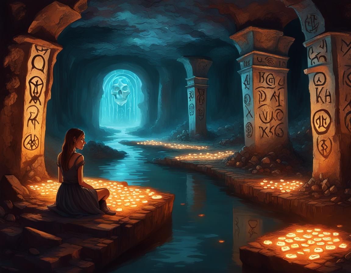 Catacombs underground brightly lit magical runes, glowing magical river ...