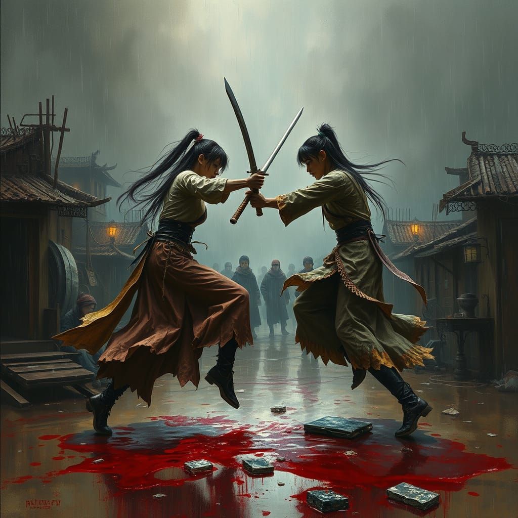 Dystopian Duel in a Post-Apocalyptic Scrap Village - AI Art