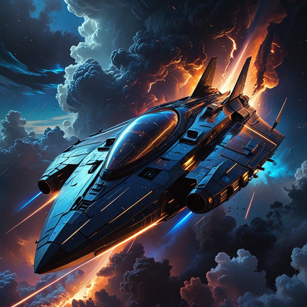 Cosmic Starship Soars through Nebulae in Vibrant L... - AI Art