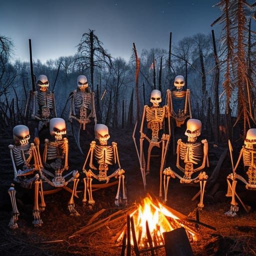a dozen of skeleton warriors sit by the bonfire in star night by gerald ...