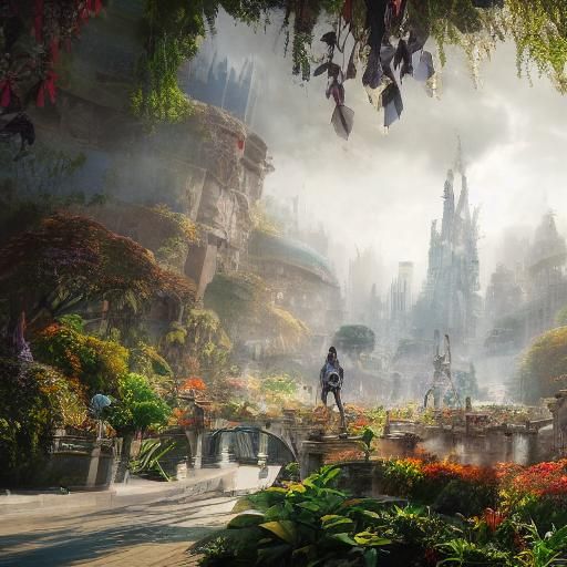 elysian paradise in a bustling metropolis, - AI Generated Artwork - NightCafe Creator