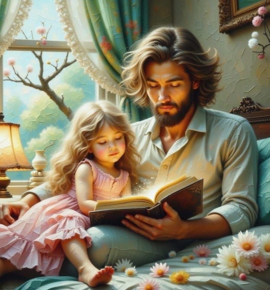 Storytime with Daddy - Cozy Bedtime Scene in Dreamlike Impas...