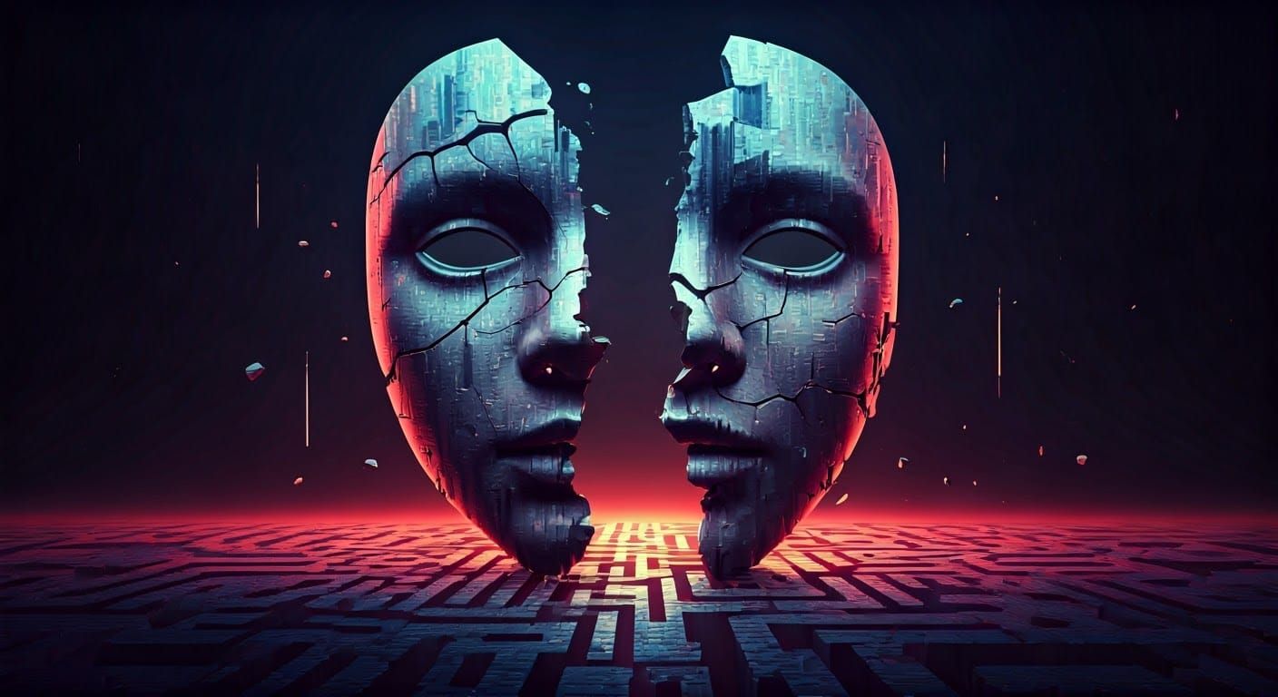 Fractured Mask Surrealism in Cyberpunk Cityscape - AI Art