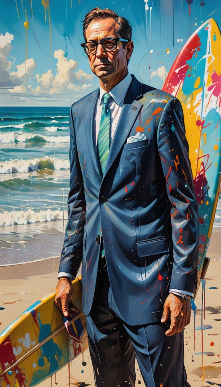 Graffiti Artist on the Beach with Surfboard, in Vi... - AI Art