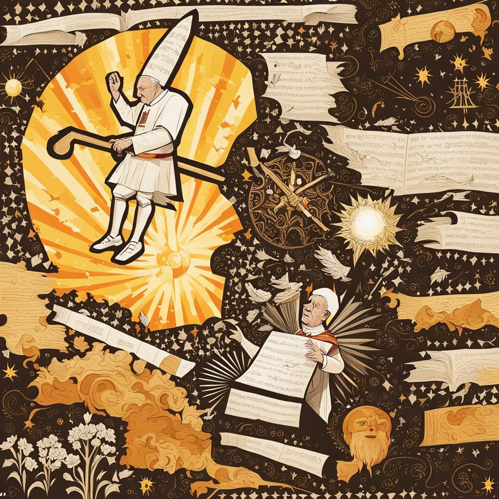 A pope flying on his pope-stick and the sun is spreading its warm ...