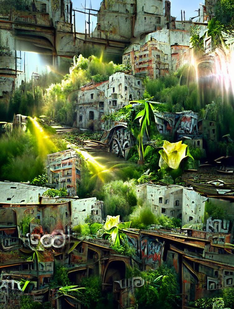 Abandoned city overgrown with plants 8K 3D hyperrealism maximalist matte painting sunshine rays ...