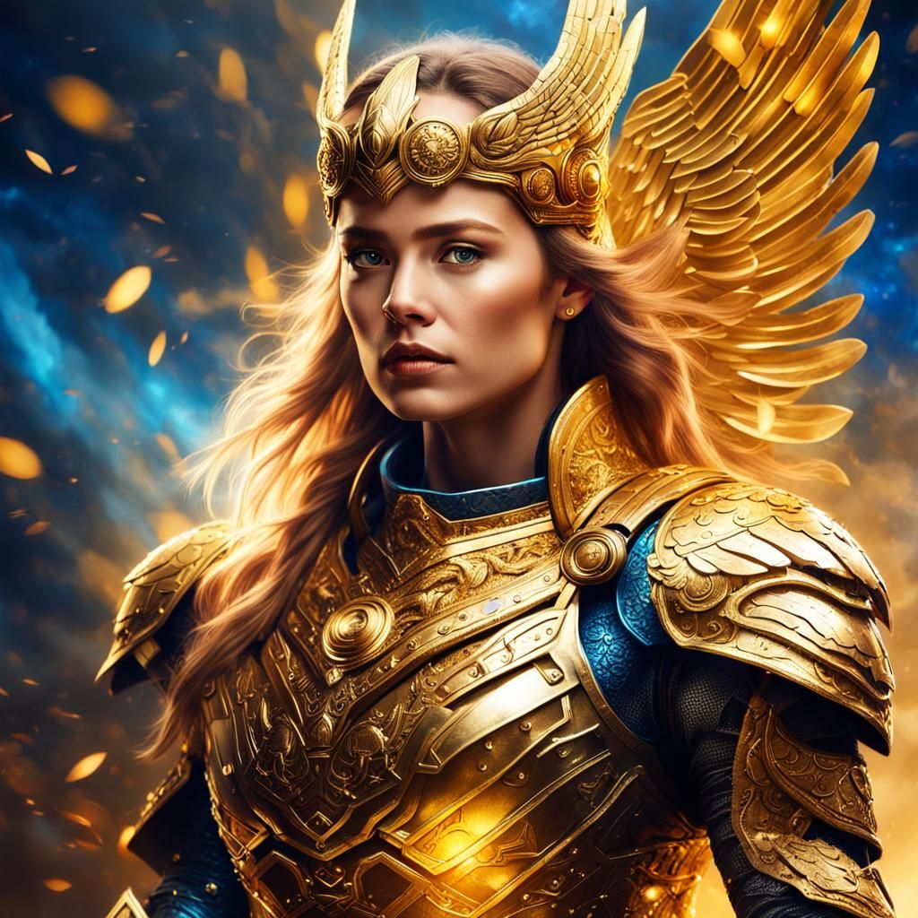 Portrait of a stunning valkyrie wearing a golden armor whit powerful ...