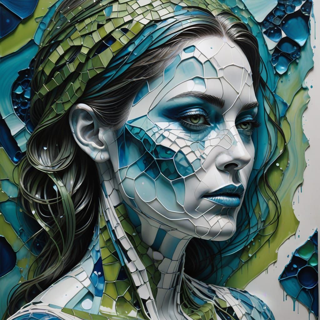 abstract portrait in ceramic, stained glass, alcohol ink splatter