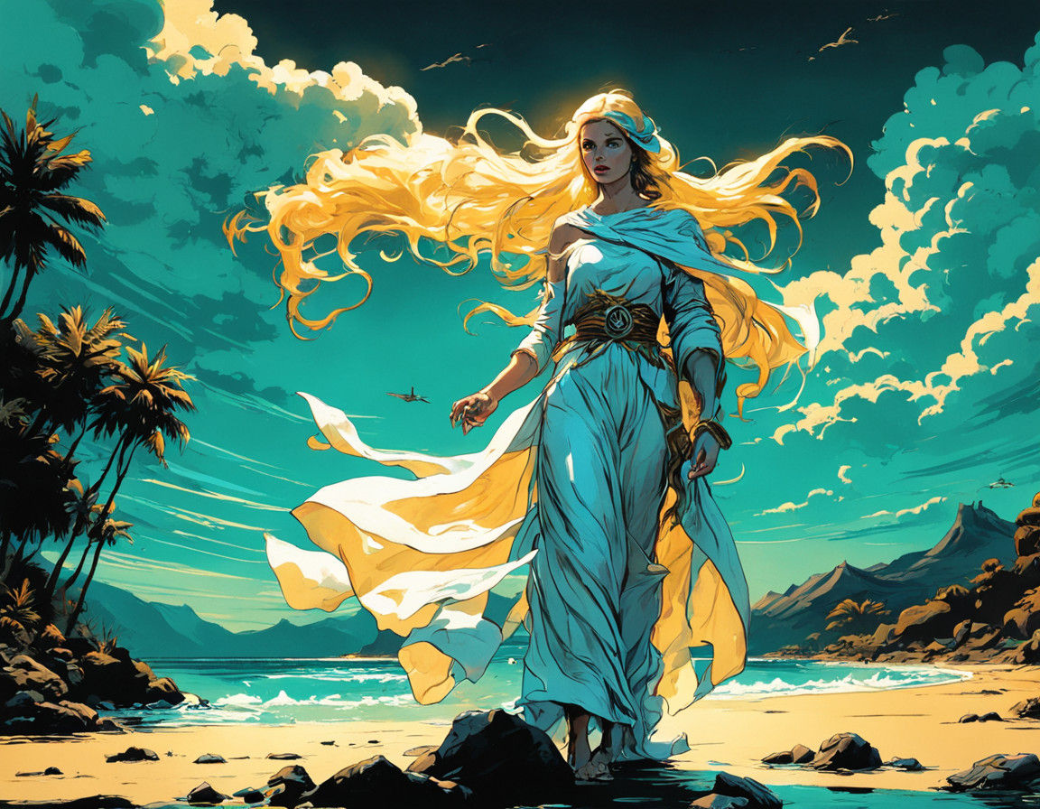 Athena goddess walks at sunset along the beaches of Crete