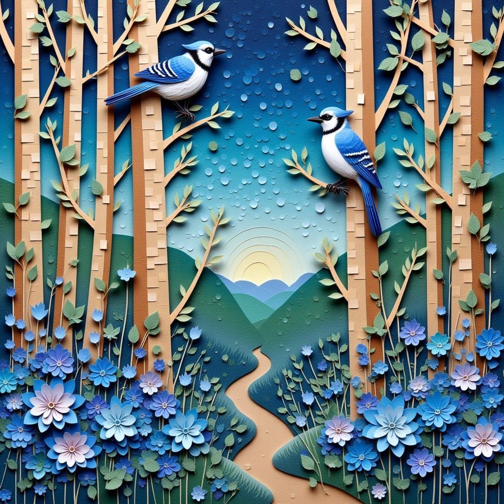 3d Paper Collage, Aspen Forest Floor, Blue Flax Flowers, Blue Jay Birds ...