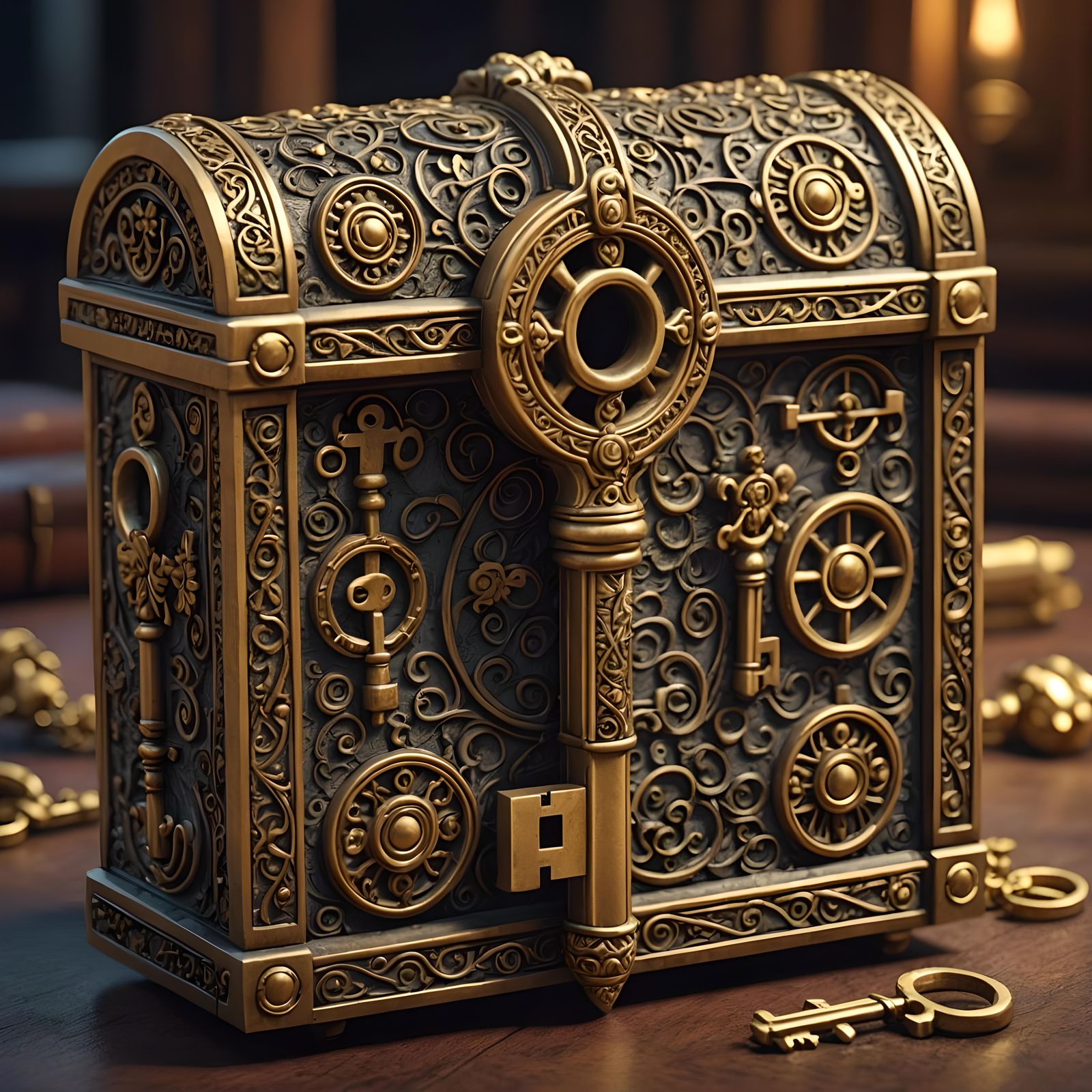 A giant (key:1.2) shaped like a treasure chest with intricate carvings ...