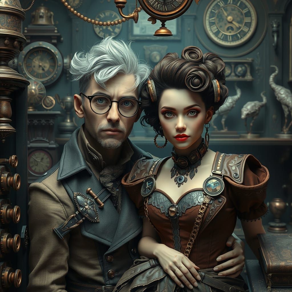 Steampunk Couple in a Bizarre, Hyper-Realistic Sce... - AI Art