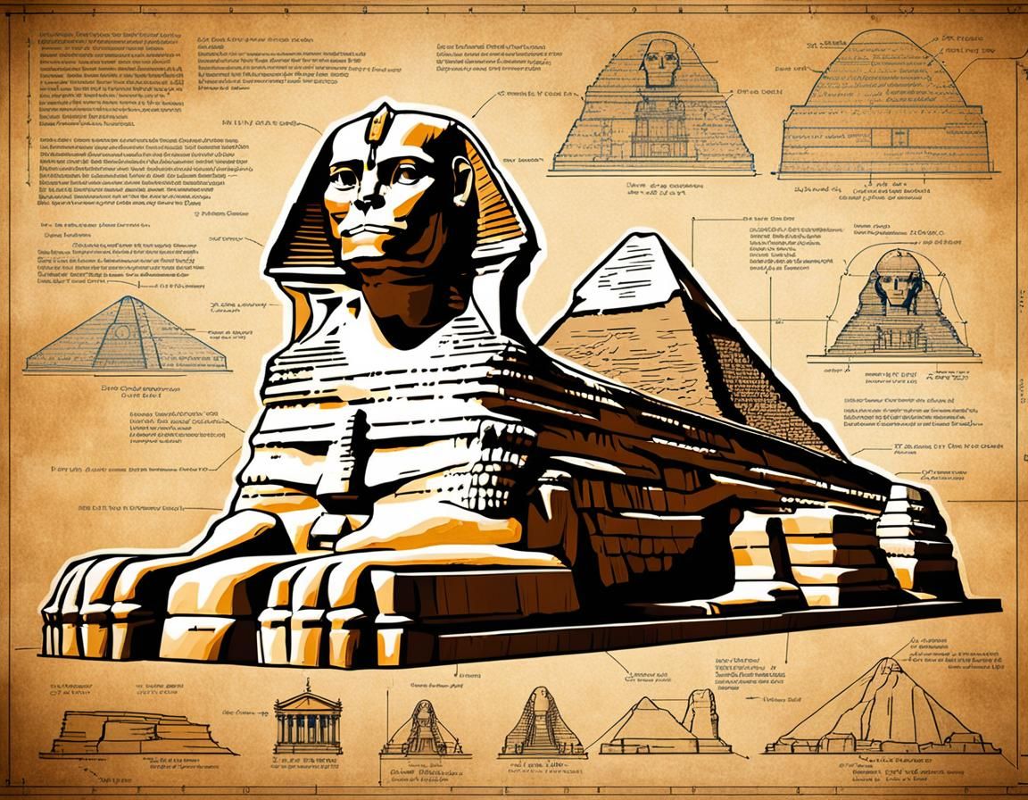 Annotated detailed blueprint of The Sphinx, drawn on an a sheet of ...