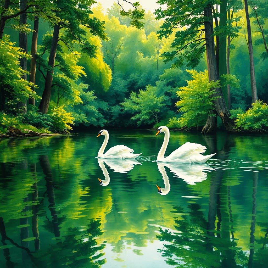 Swan lake - Epic Impressionist Masterpiece: Majestic Swans i...