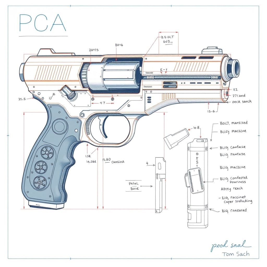 Schematic drawing of a pistol. - Futuristic Industrial Bluep...