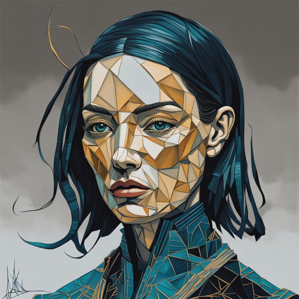 Portrait of a futuristic woman Dan Mumford Edward Hopper Killian Eng Pablo Picasso Van Gogh art ...