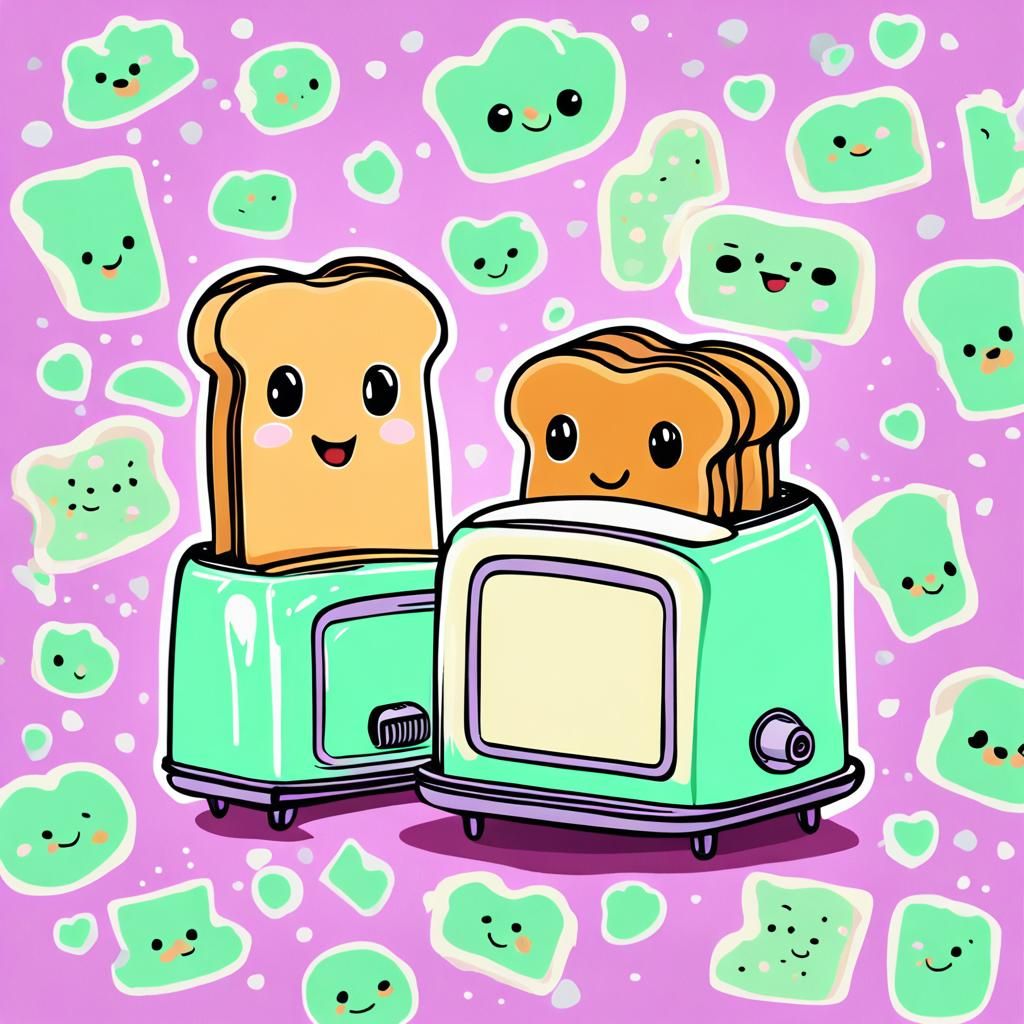 A cute and whimsical image of two toasters with anthropomorphic bread ...