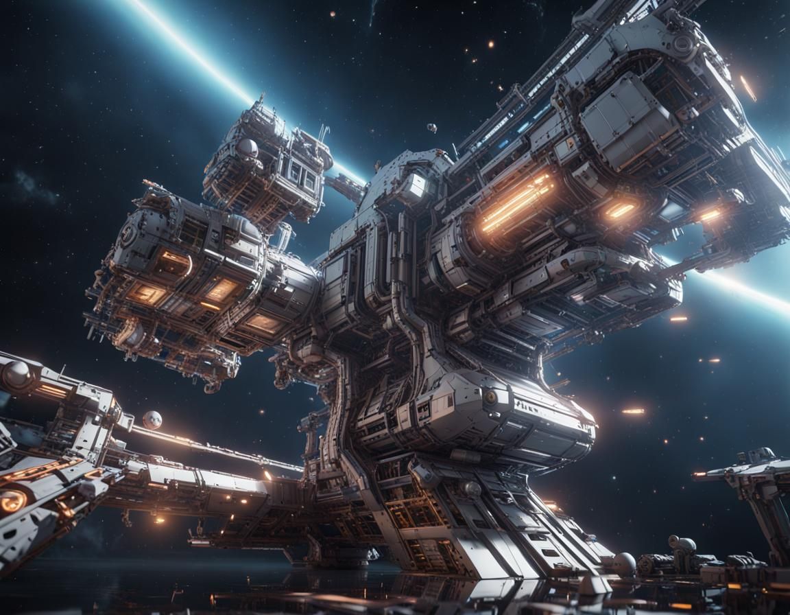 space factory in deep space on Lone Star with a space river running ...